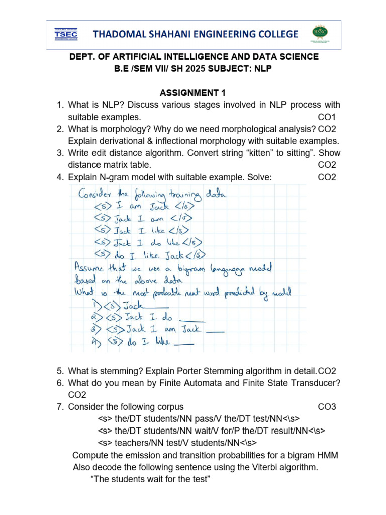NLP Assignment: Key Concepts & Algorithms | PDF