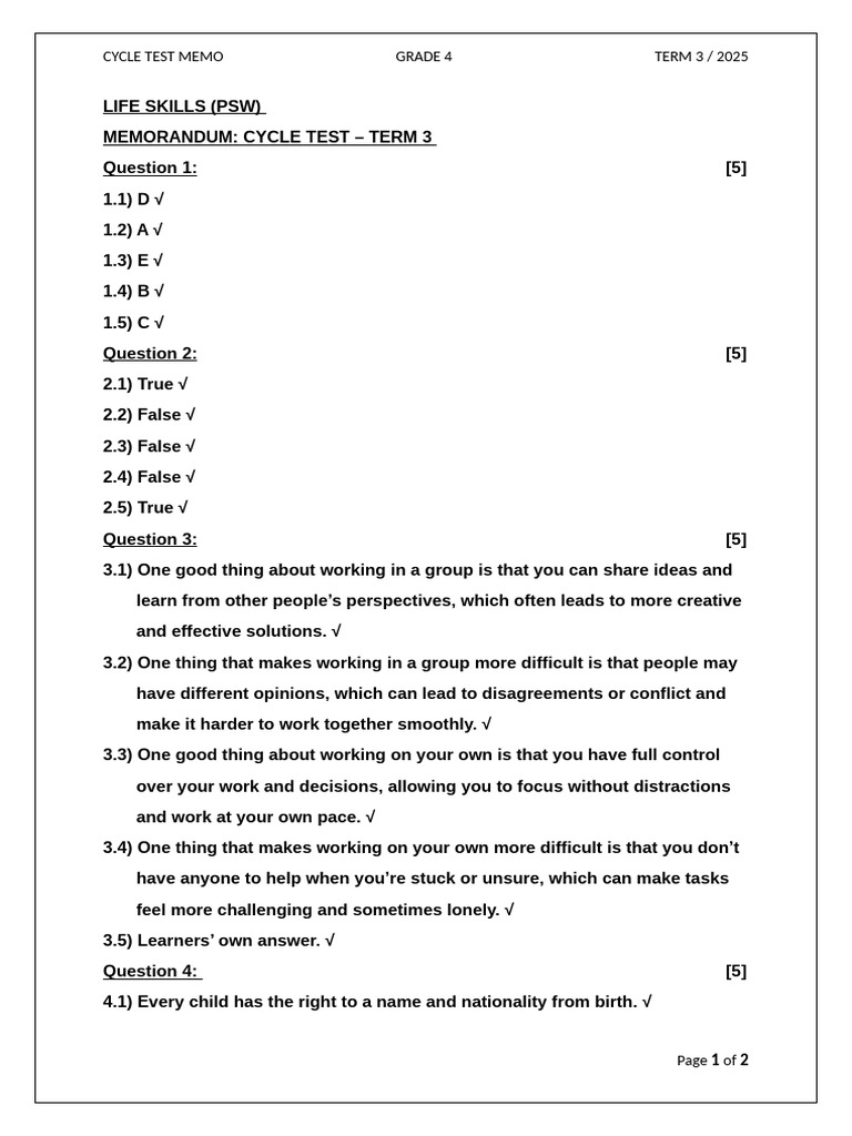 LIFE SKILLS Grade 4 Cycle Test Memorandum Term 3 | PDF | Psychology ...
