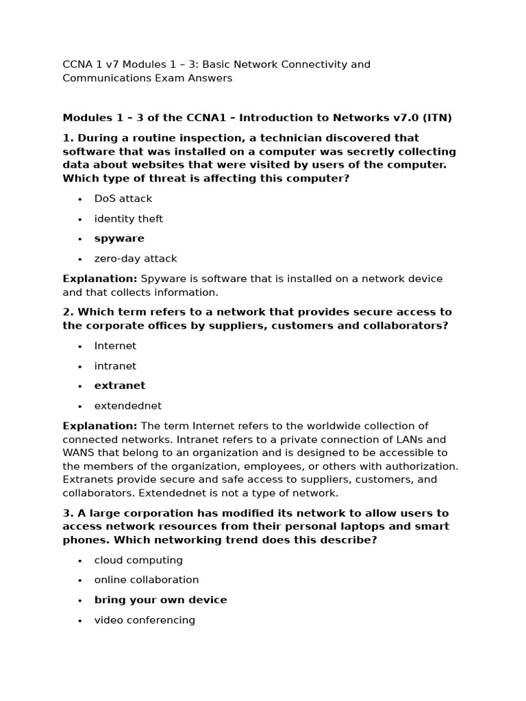 CCNA 1 v7 Exam Answers: Modules 1-3 | PDF | Computer Network | Osi Model