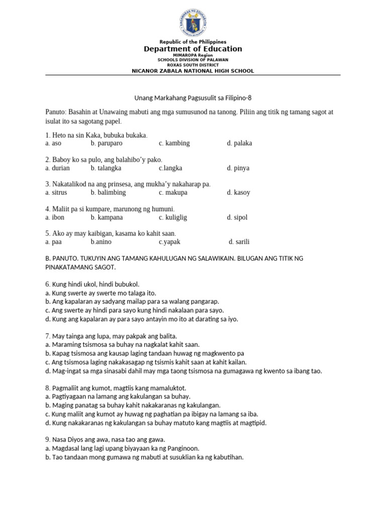 Unang Markahang Pagsusulit Sa Filipino 8 2025-2026 | PDF