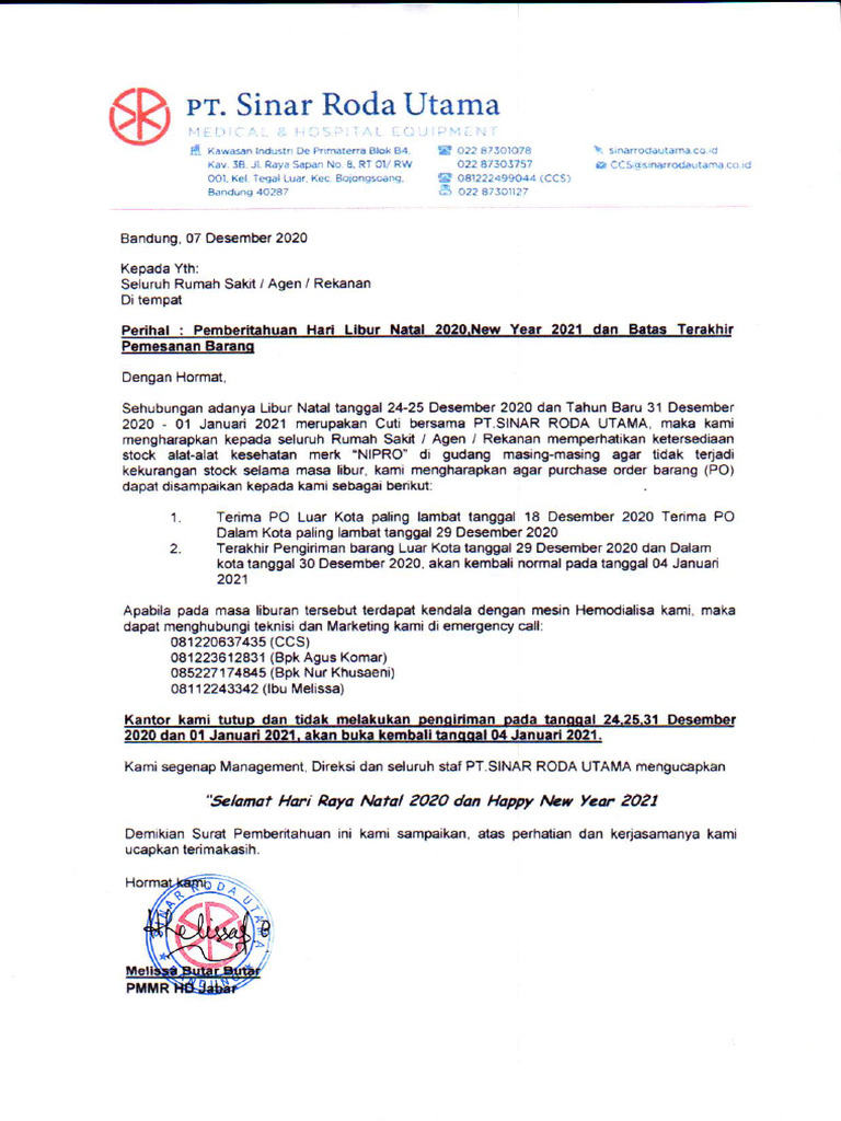 Surat Pemberitahuan Libur Tahun Baru | PDF