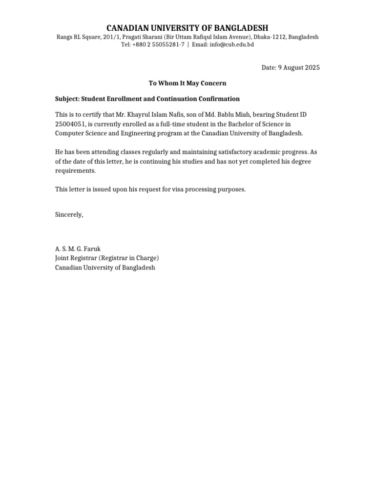 Student Continuation Letter | PDF