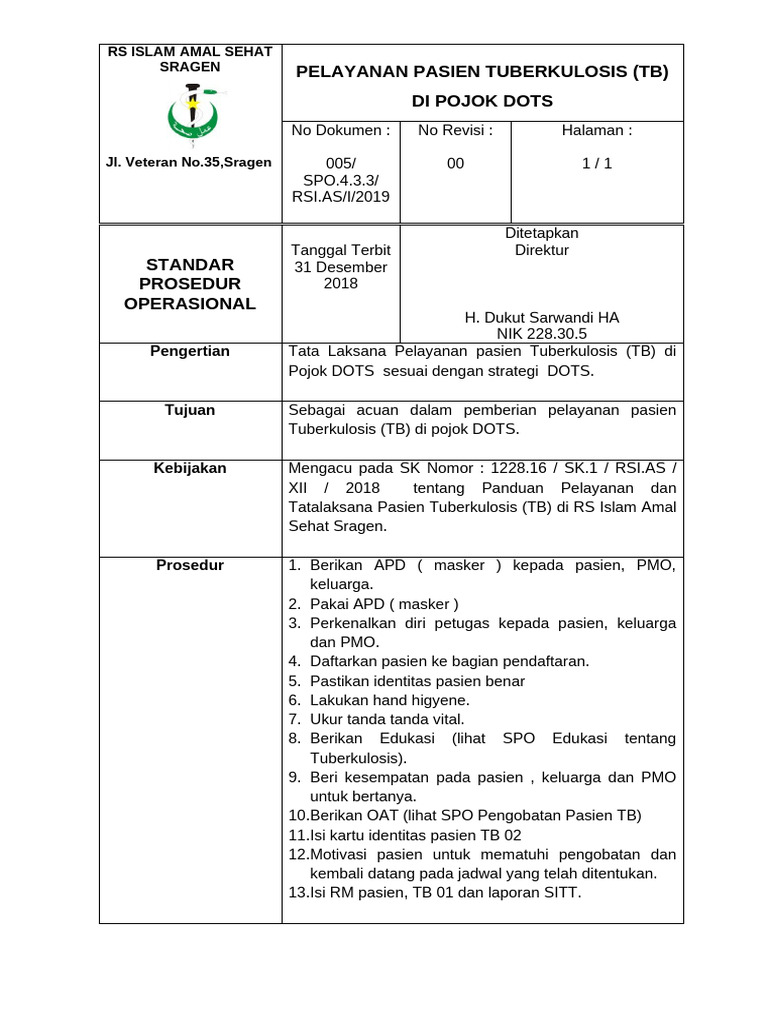 Spo Pelayanan Pasien Tuberkulosis (TB) Di Pojok Dots | PDF