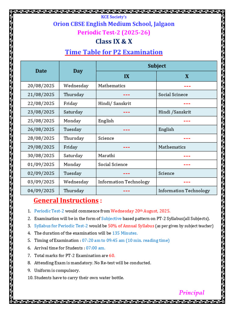 Grade 9 & 10 PT 2 Time Table 2025-26 | PDF