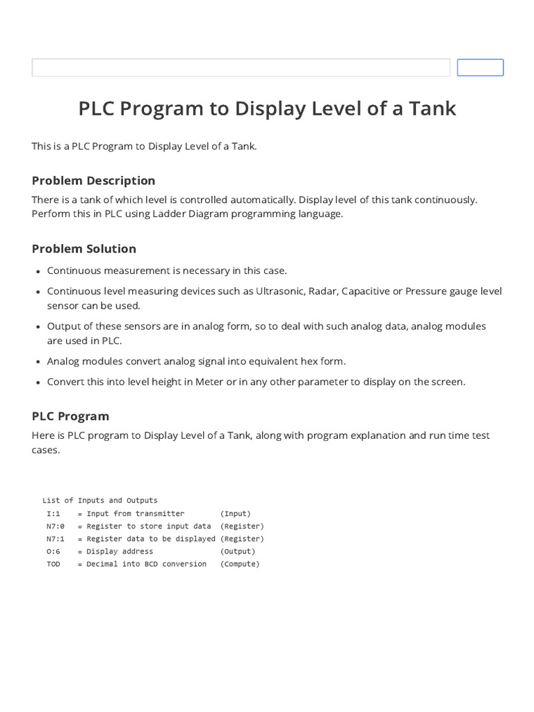 PLC Program for Tank Level Display | PDF | Programmable Logic ...