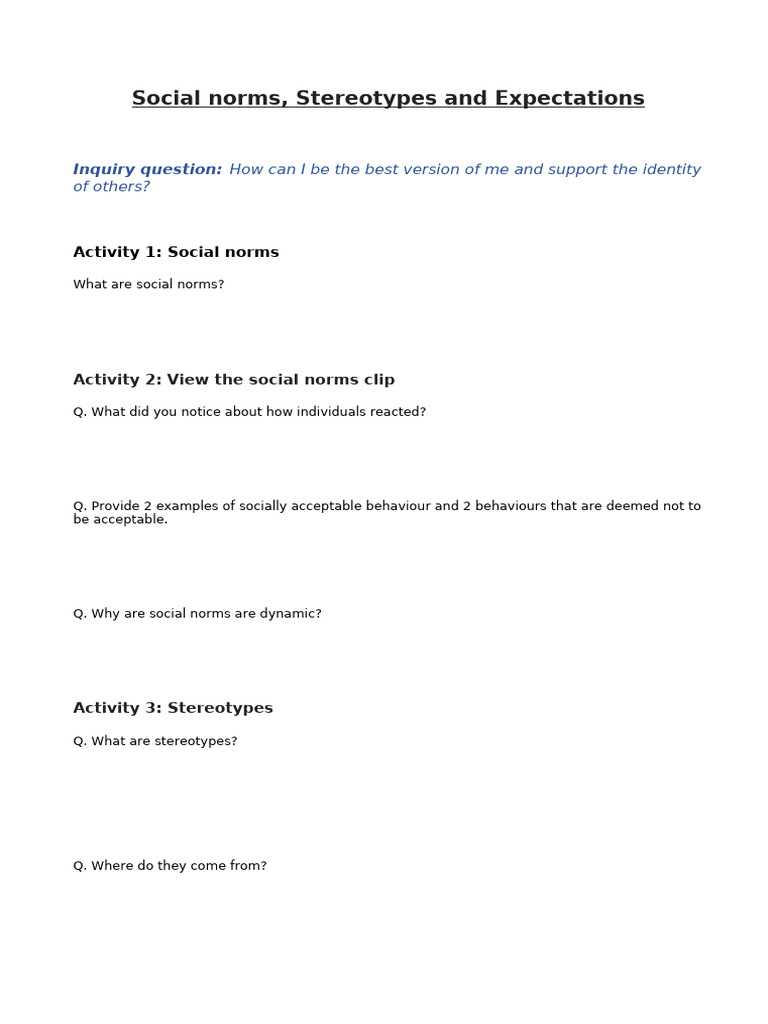 Social Norms, Stereotypes and Expectations Worksheet | PDF