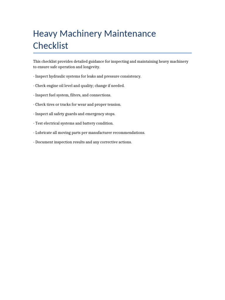 Heavy Machinery Maintenance Checklist | PDF