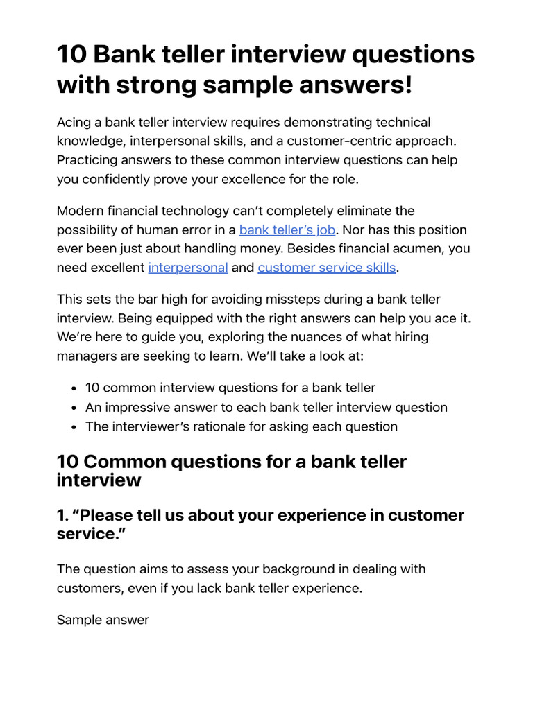 Bank Teller Interview Questions & Answers | PDF | Knowledge | Value ...