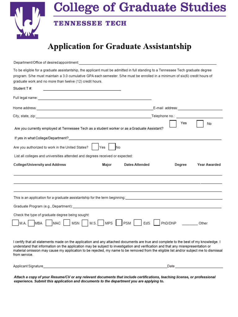 Graduate Assistantship Application Form | PDF