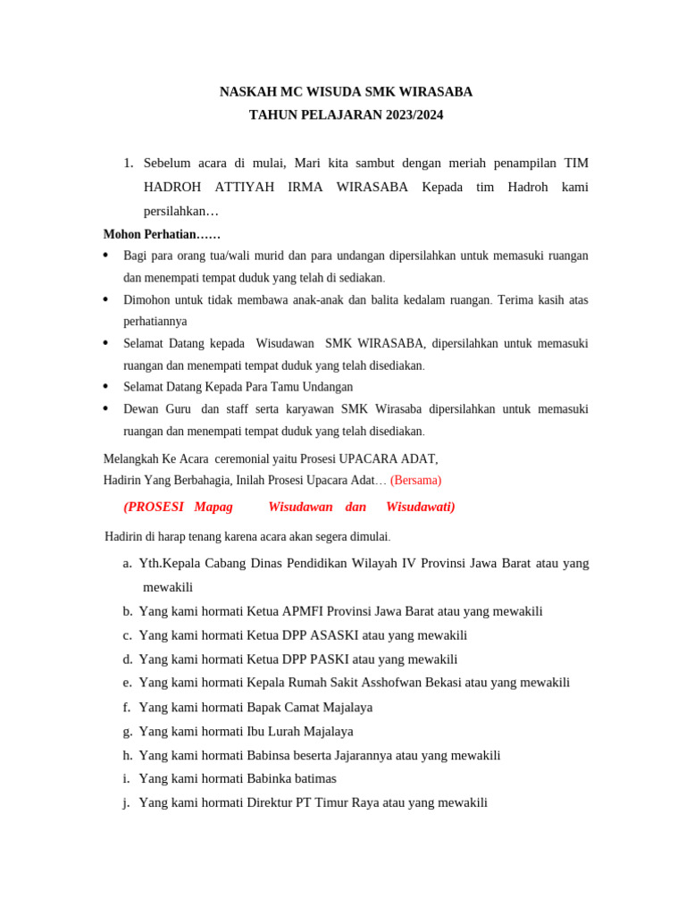 Naskah Mc Wisuda Smk Wirasaba 24 | PDF