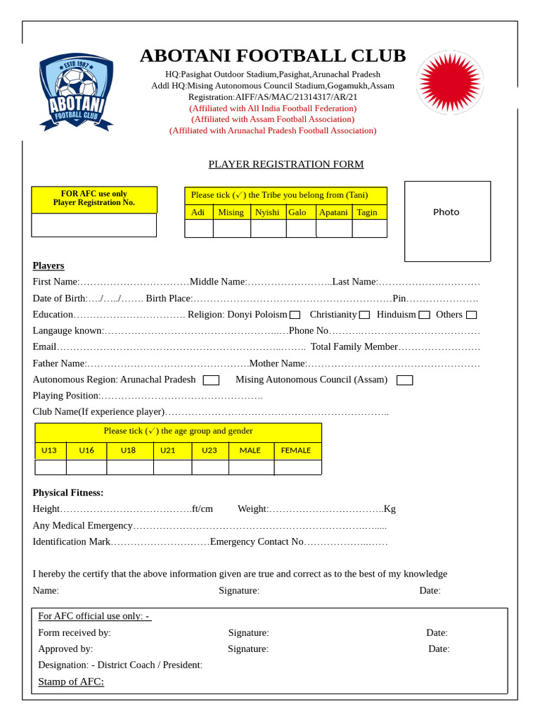 Football Player Registration Form | PDF