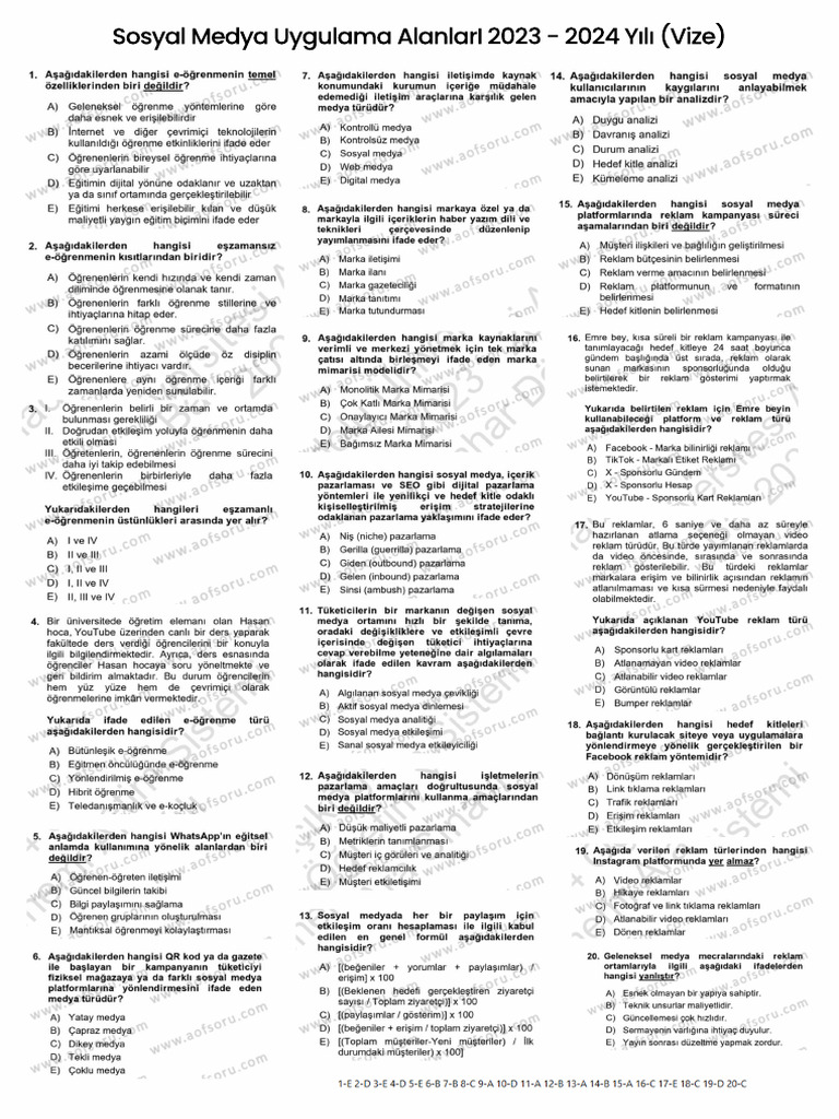 Sosyal Medya Uygulama Alanlari Dersi 2023 - 2024 Yılı (Vize) | PDF