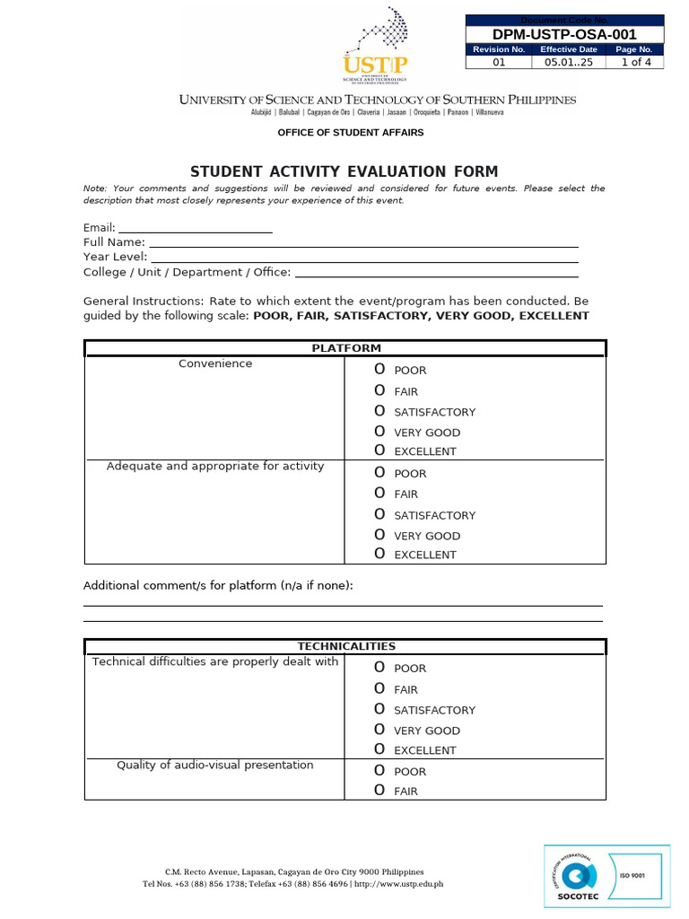 FM USTP OSA 06 Student Activity Evaluation Form | PDF | Social ...