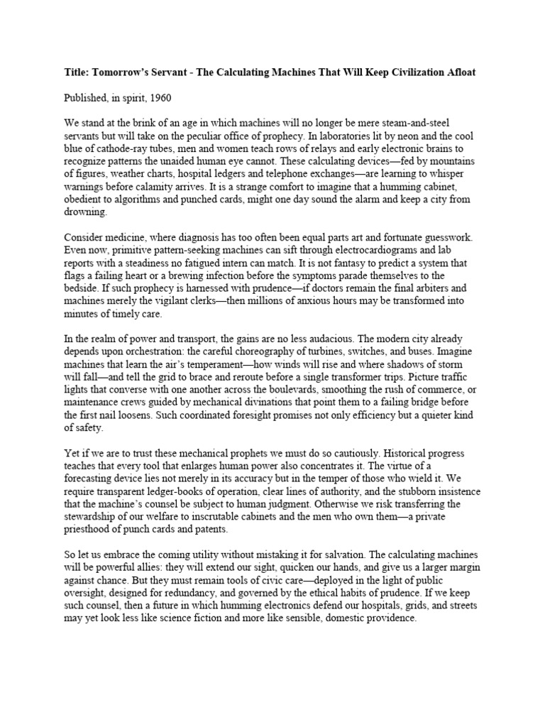 Tomorrow's Servant - The Calculating Machines That Will Keep Civilization Afloat | PDF