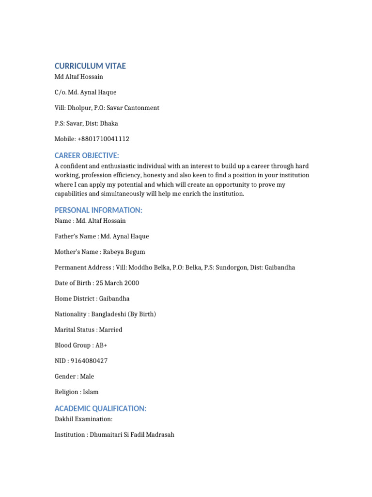 Md Altaf Hossain's CV Summary | PDF