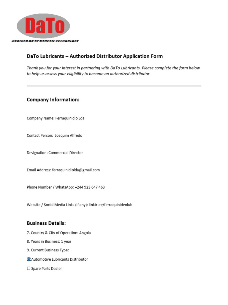 DaTo Lubricants Distributor Application | PDF