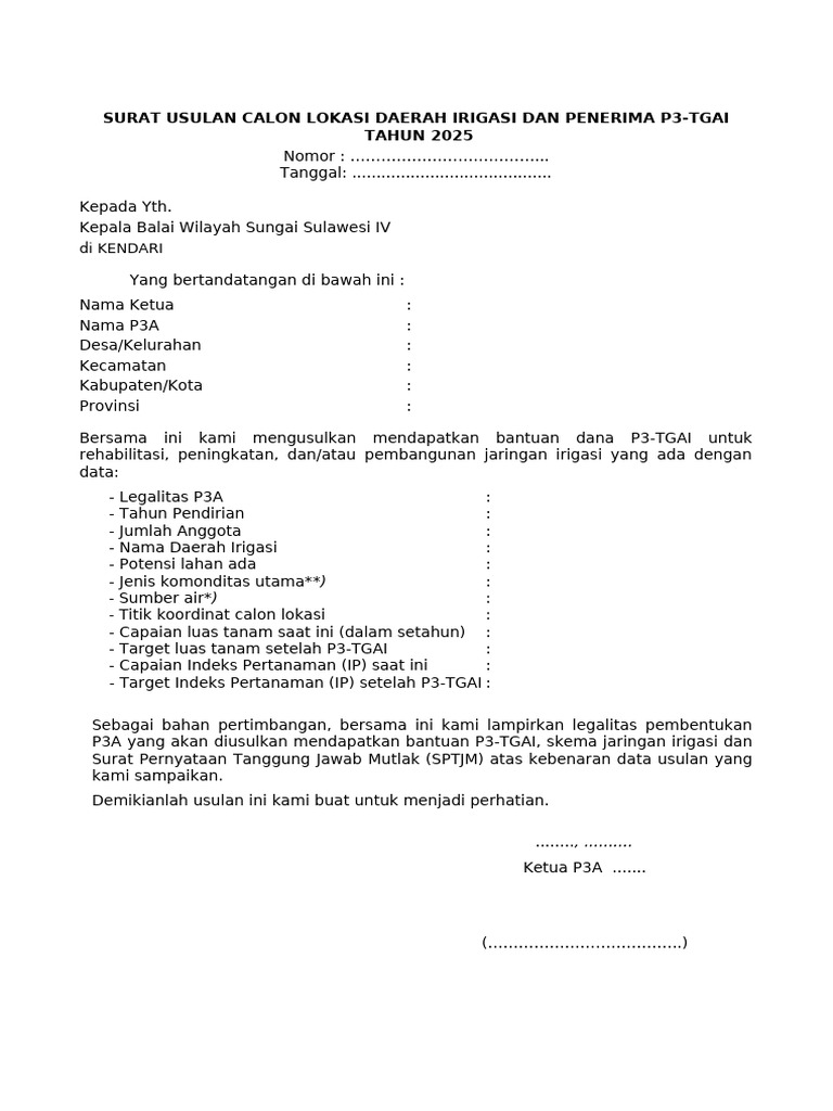 Contoh Surat Usulan 2025 - P3-TGAI-SPTJM-Skema Petak Tersier | PDF