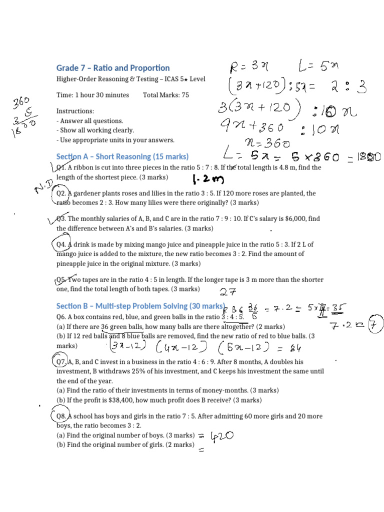 Grade 7 Ratio and Proportion Test | PDF