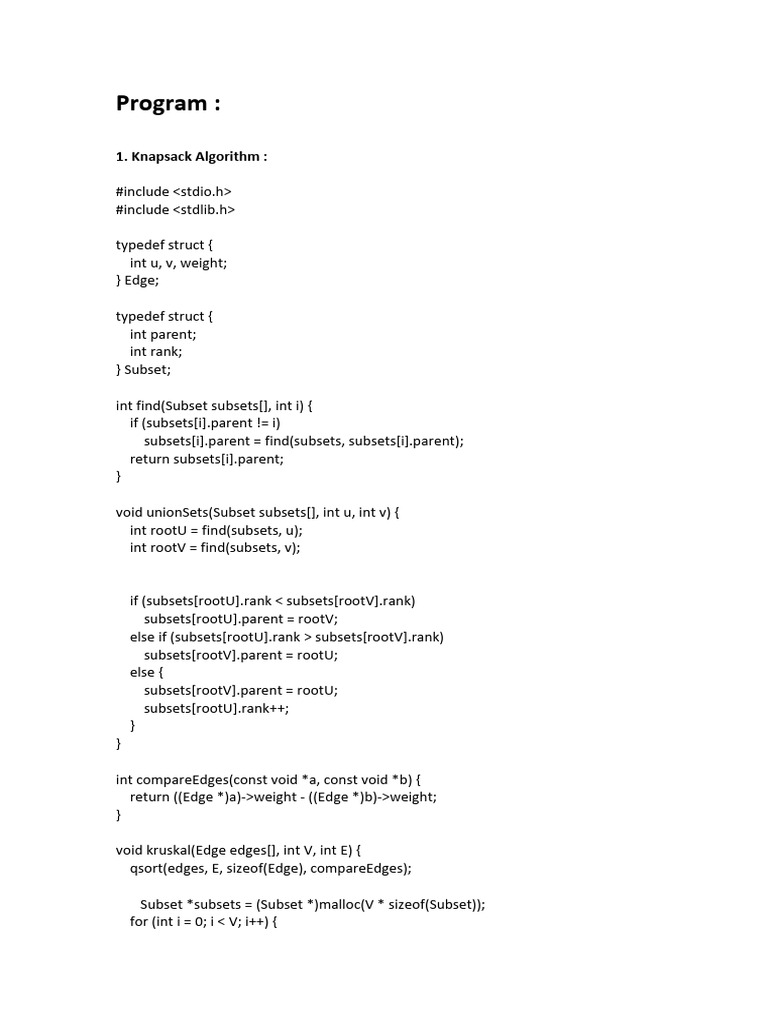 Knapsack and MST Algorithms in C | PDF | Object Oriented Programming ...