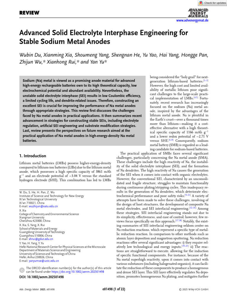 Advanced Energy Materials - 2025 - Du - Advanced Solid Electrolyte Interphase Engineering for ...