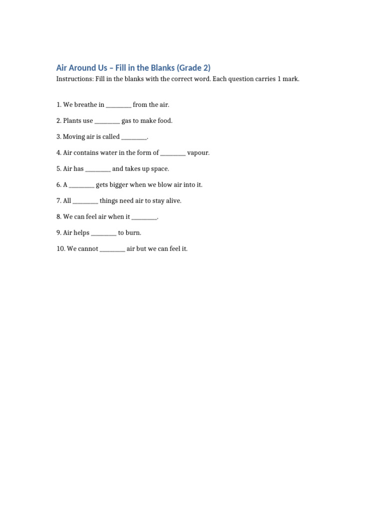 Air Around Us Worksheet for Grade 2 | PDF