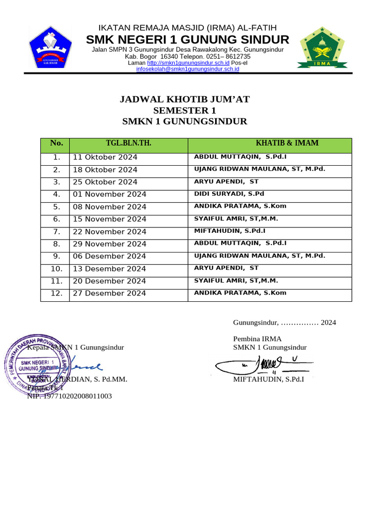 Jadwal Khotib Jumat 2024-2025 | PDF