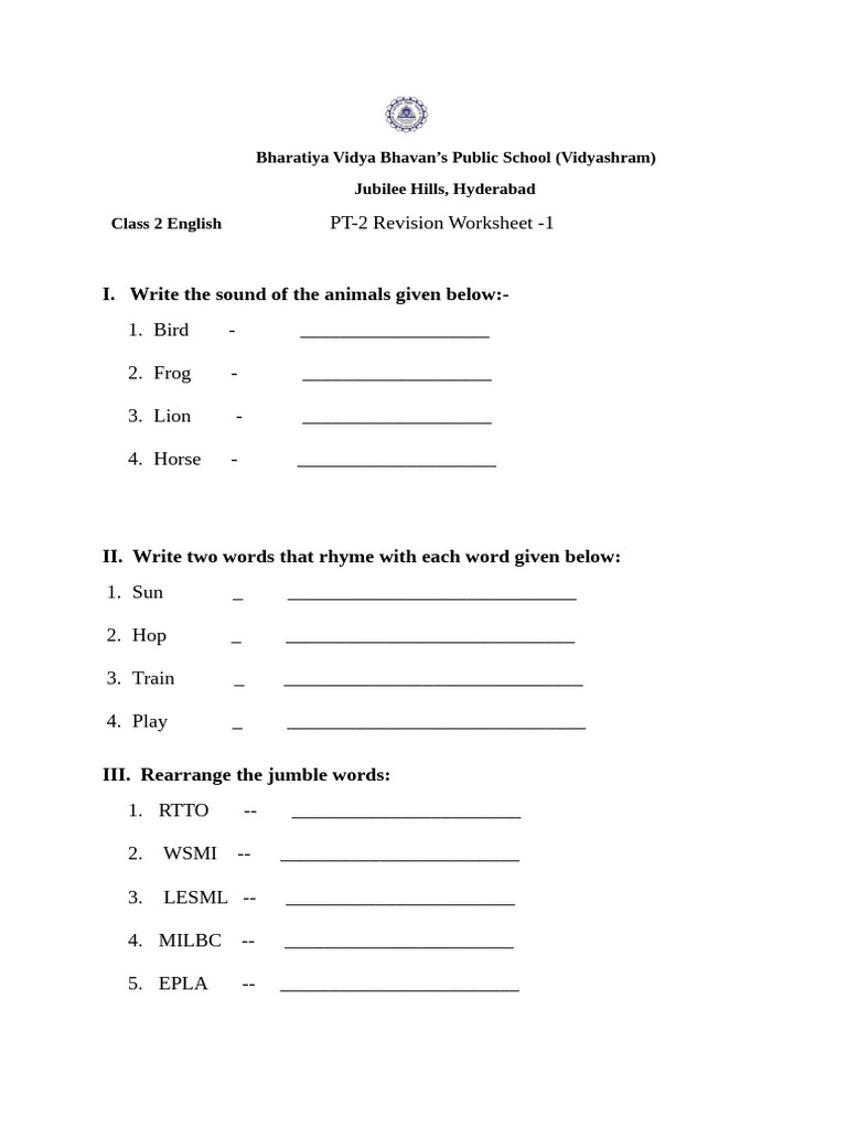 Class 2 English Revision Worksheets | PDF