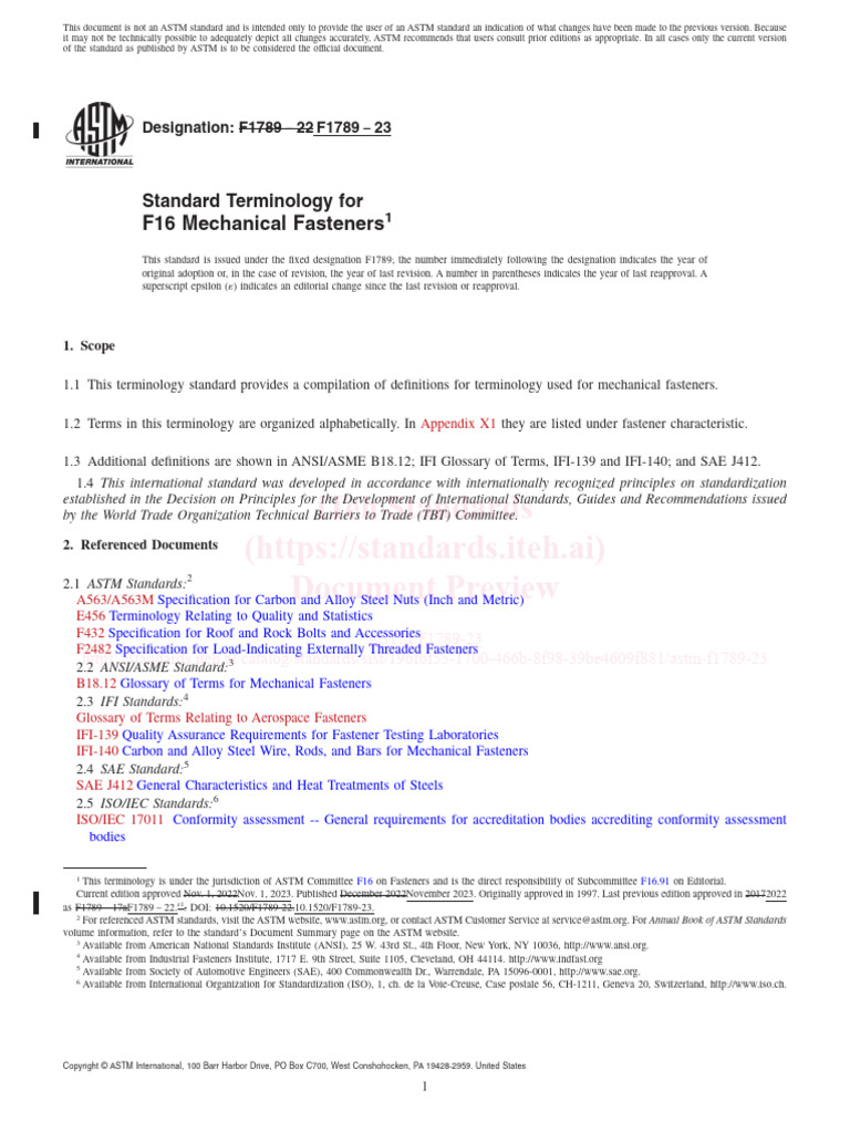 F1789 Standard Terminology for Fasteners | PDF | Steel | Screw