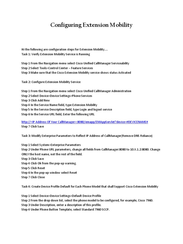 Extension Mobility & Device Mobility Steps | PDF | Telephone | Cisco ...