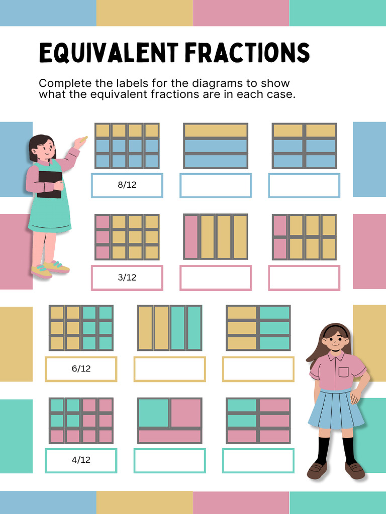 Equivalent Fractions Worksheet in Bold Pastel Style | PDF