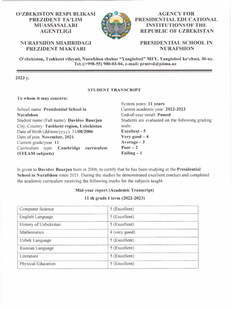 Mid Year Report BAurjan | PDF | Uzbekistan | Science