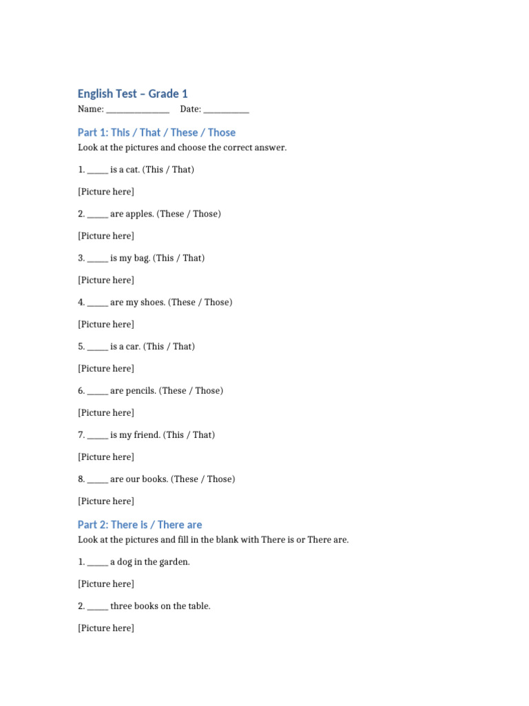 Grade 1 English Test: This/That & There Is/Are | PDF