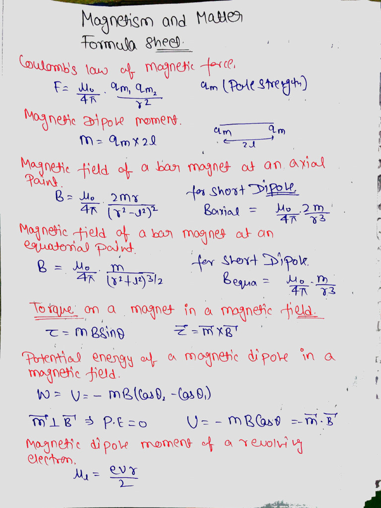 Formula Sheet Magnetism and Matter Class 12 Physics Chapter 5 240218 164950 | PDF