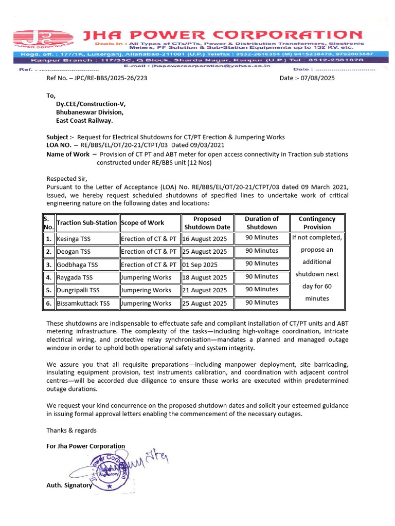 Electrical Shutdown Request for CT/PT Works | PDF