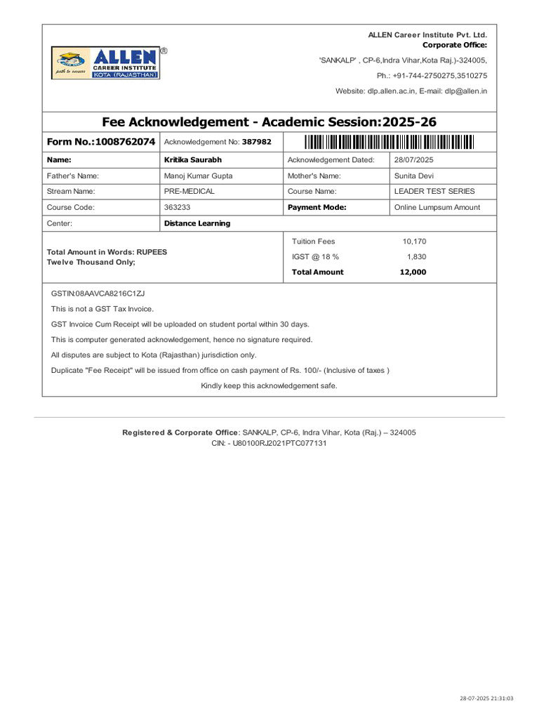 Fee Receipt - 1008762074 - 28-07-2025 21 - 31 - 03 | PDF