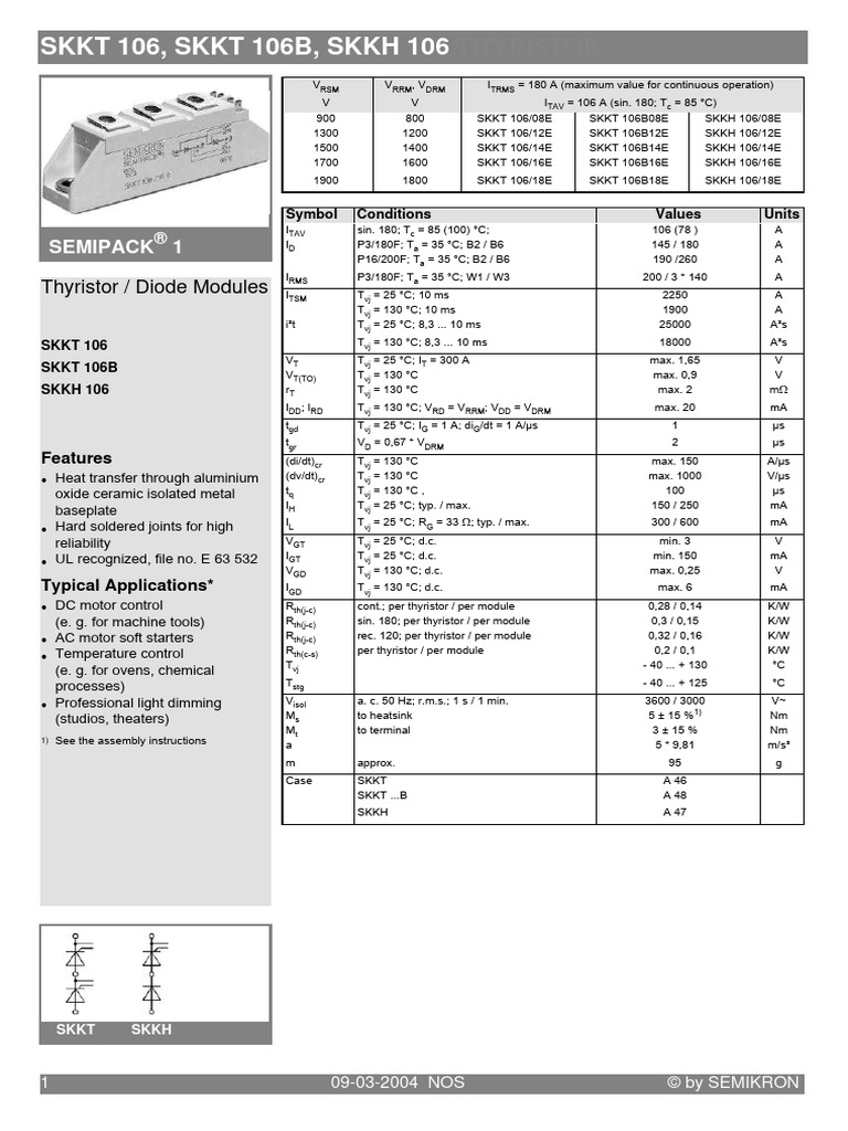 Semikron Datasheet SKKT 106 07897471 | PDF | Rectifier | Electrical Components