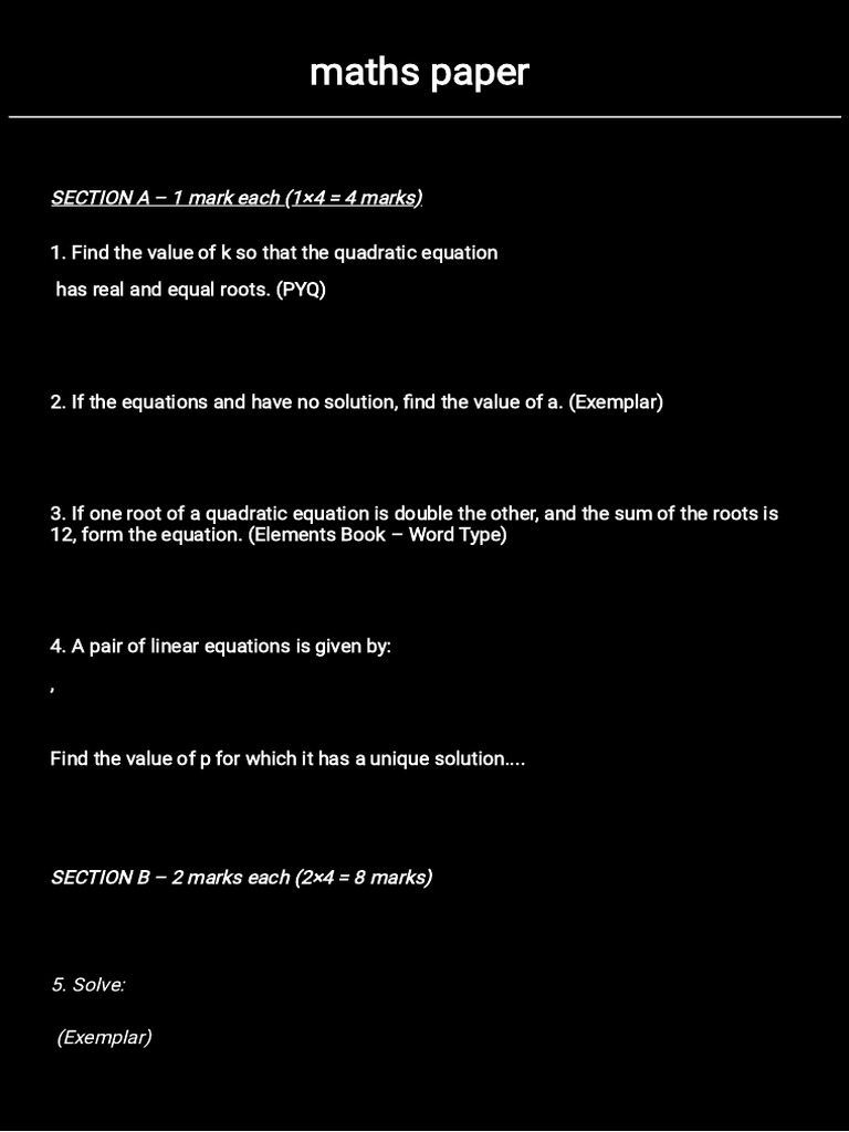 Maths Paper: SECTION A - 1 Mark Each (1×4 4 Marks) | PDF