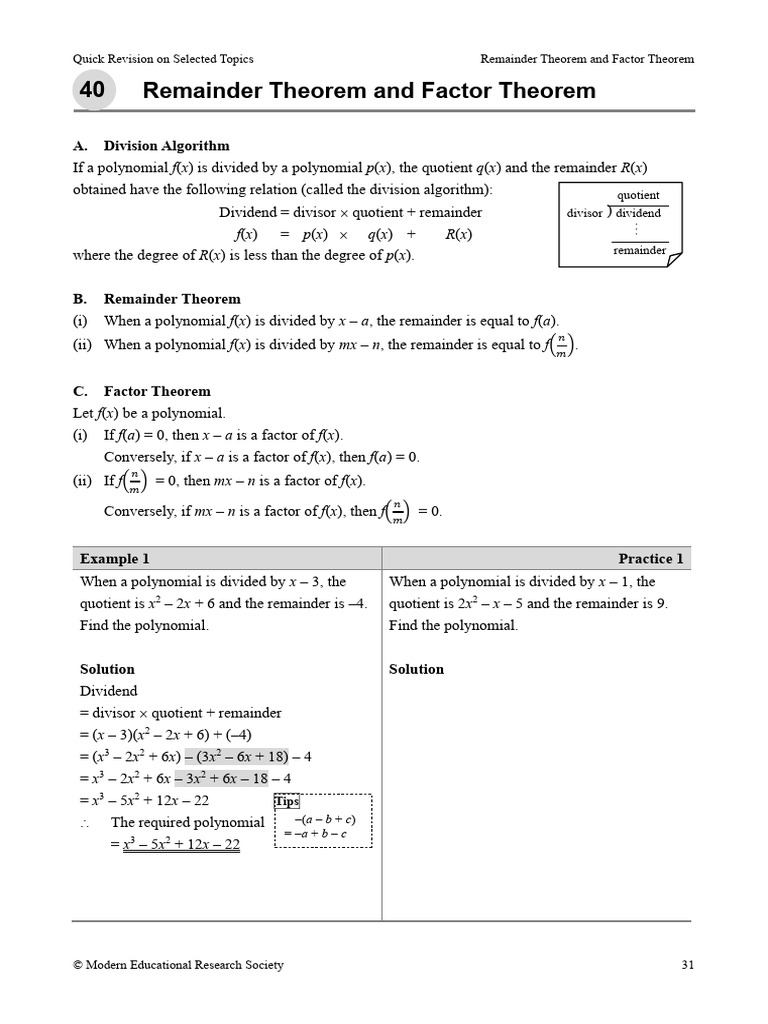 Supplementray Worksheet Remainder Theorem and Factor Theorem | PDF | Factorization | Division ...