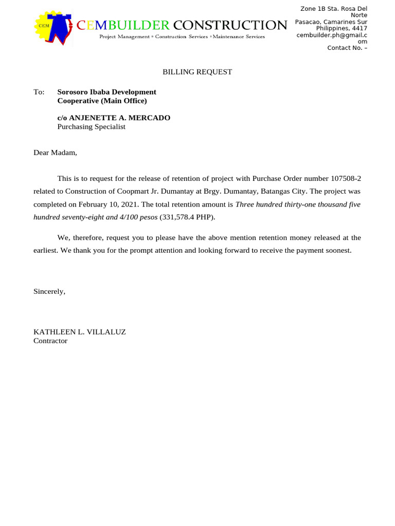 Billing Request for Project Retention Release | PDF