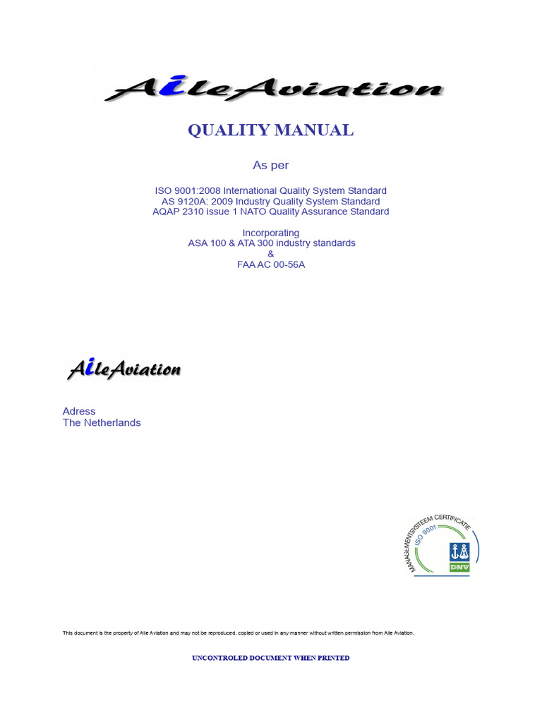 Aile Aviation Quality Manual Overview | PDF | Quality Management ...