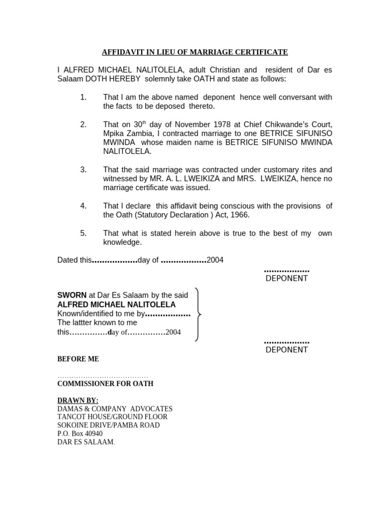 Affidavit in Liew of Marriage Certificate | PDF