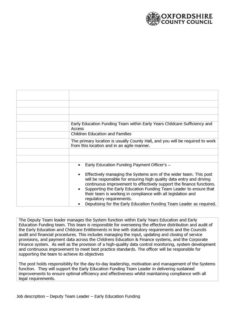 Job - Description Deputy Early Education Funding Team Leader | PDF ...