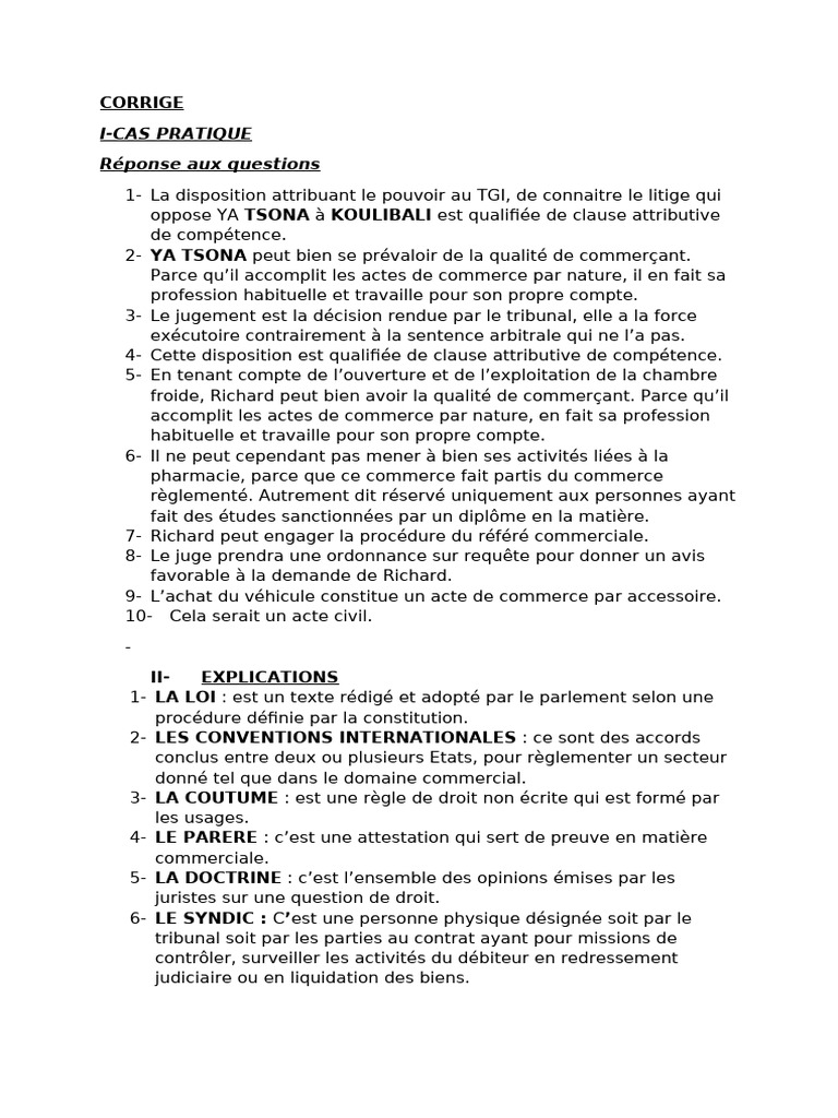 CORRIGE Cas Partique 1 | PDF | Débiteur | Compétence