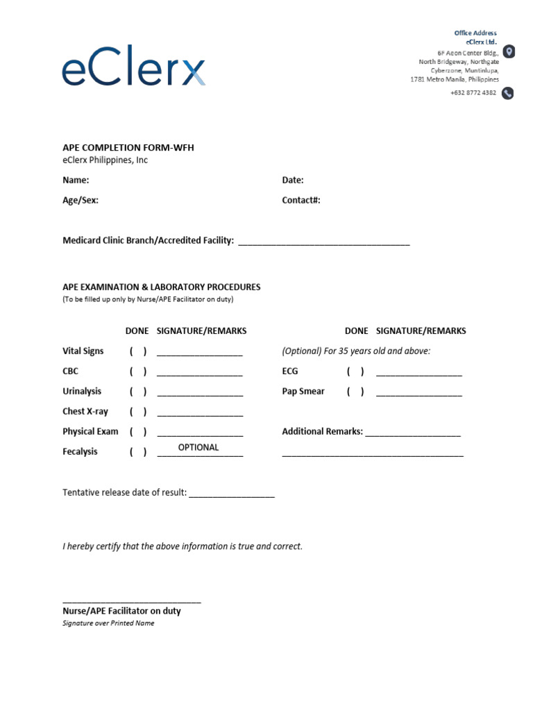 EClerx APE Completion Form 2025 WFH | PDF