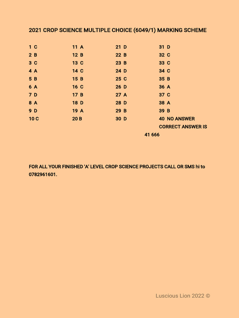 2021 Crop Science Multiple Choice Marking Scheme-1 | PDF