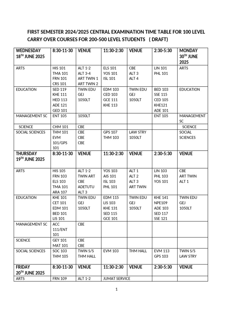 Updated Current First Semester 2024-2025 Central Examination Time Table ...