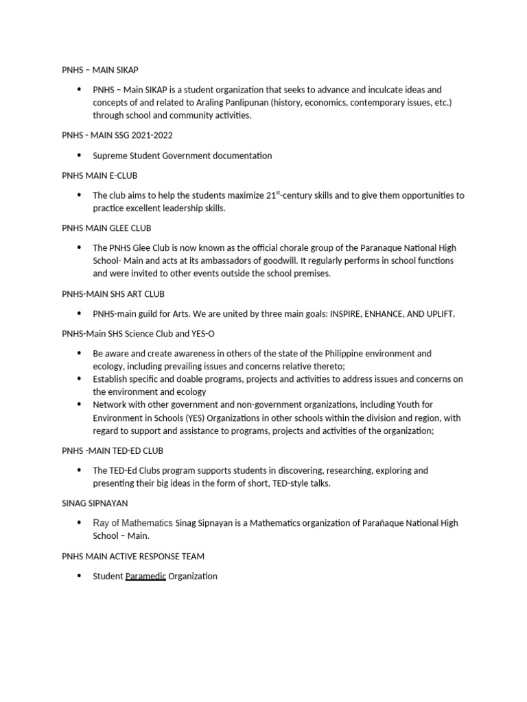 Pnhs Main Clubs and Org. | PDF