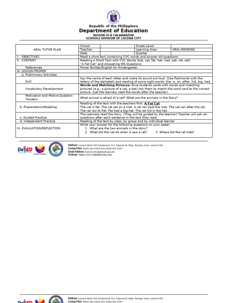 ARAL Reading Program Lesson Plan | PDF | Cognition | Linguistics