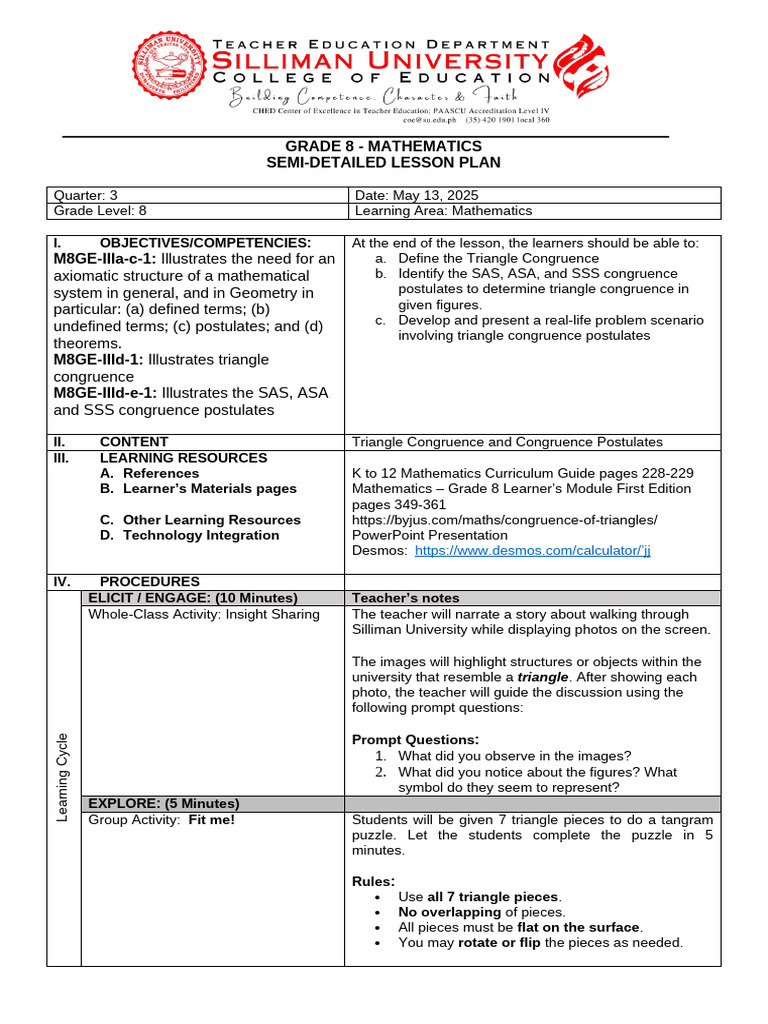 Triangle Congruence Lesson Plan | PDF | Triangle | Elementary Mathematics
