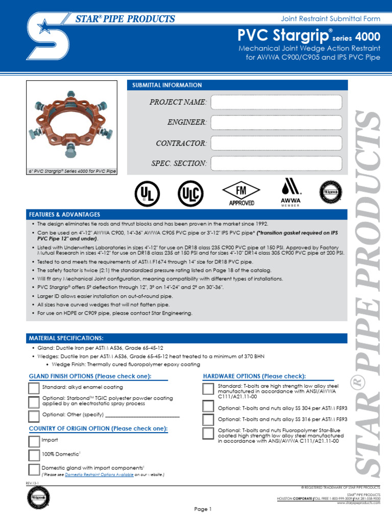Star Pipe 4000 Submittal | PDF | Pipe (Fluid Conveyance) | Mechanical Engineering